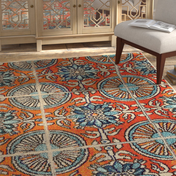 Langley Street Eddins Performance Orange/Blue/Brown Rug & Reviews | Wayfair