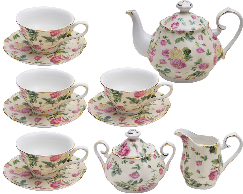 Grace's Tea Ware 11 Piece Porcelain Rose Pink Rose Bouquet Tea Set ...