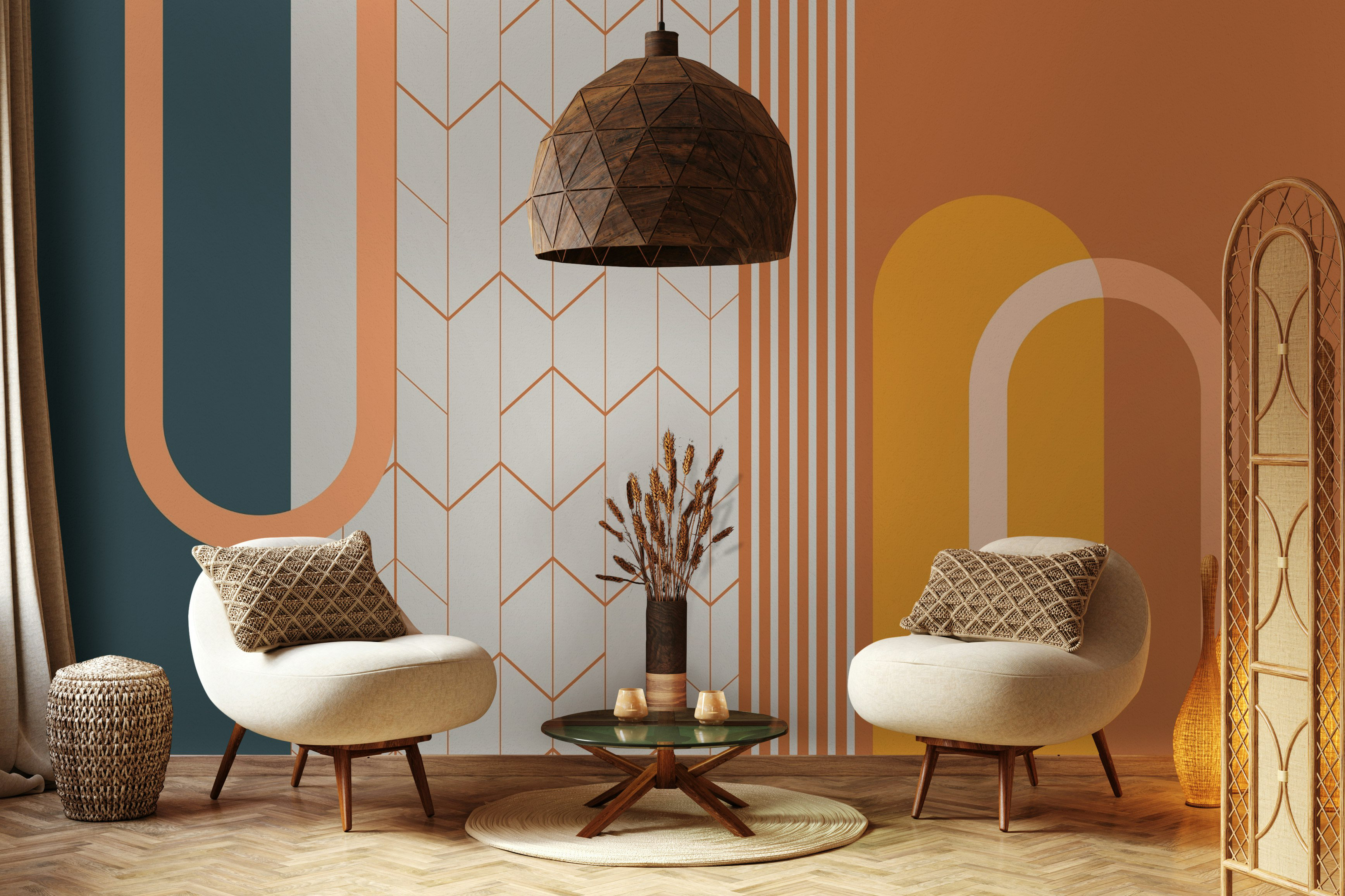 Orren Ellis Hexagon And Random Orange Shapes Geometric Wallpaper Mural ...