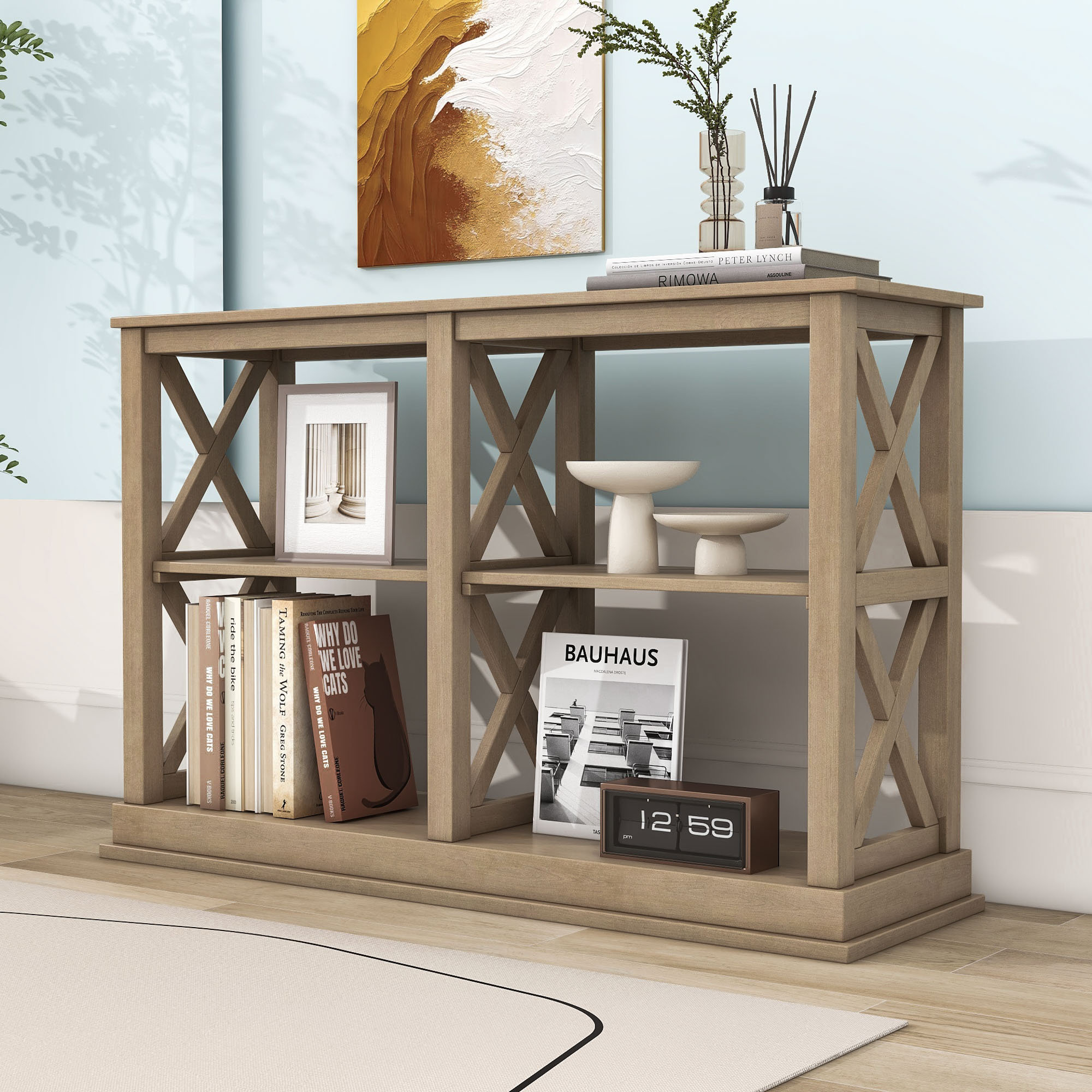 Gracie Oaks Lluvia Console Table with Open Storage and X Legs, Wood ...