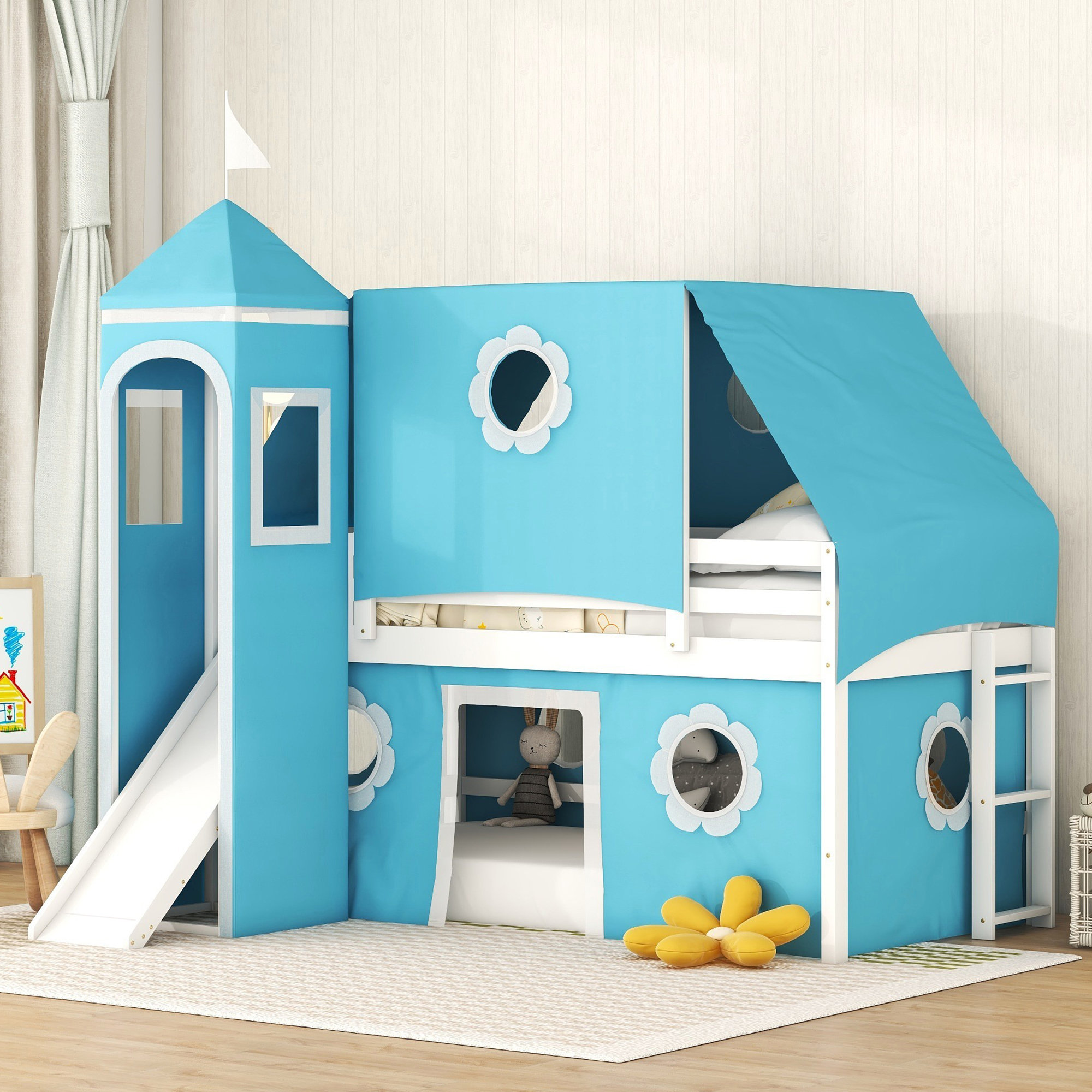 Harper Orchard Twin Size Loft Bed With Slide Blue Tent And Tower - Blue ...