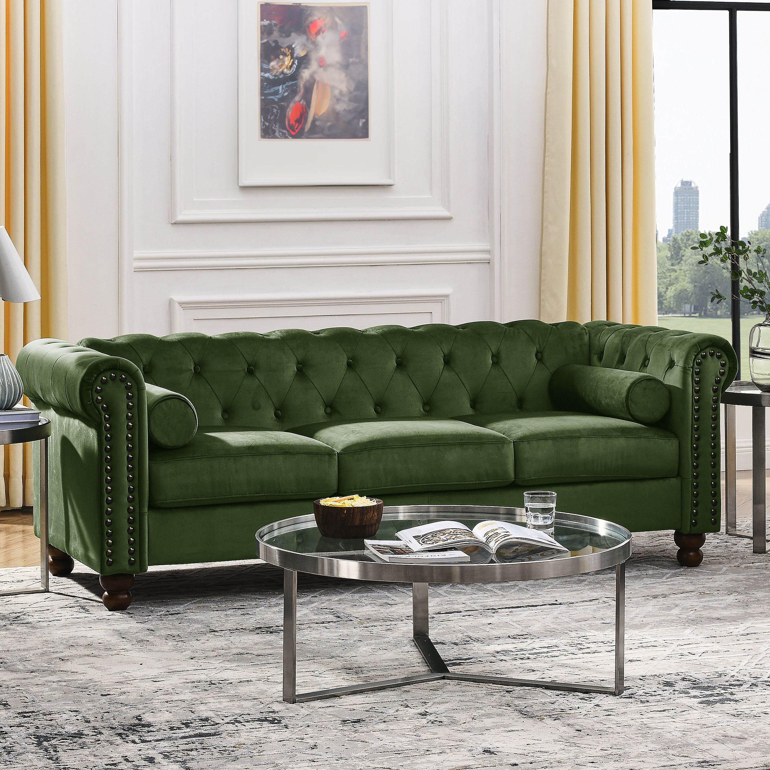 House of Hampton Velvet Tufted Sofa for Living Room, Rolled Arm ...