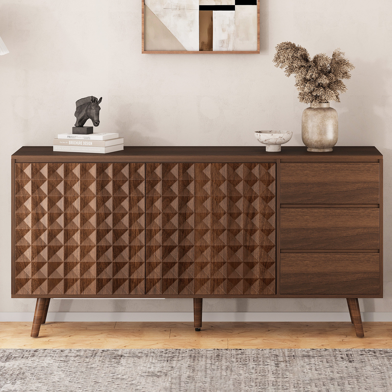 George Oliver 60" Large Sideboard Cabinet With 2 Doors And 3 Drawers ...