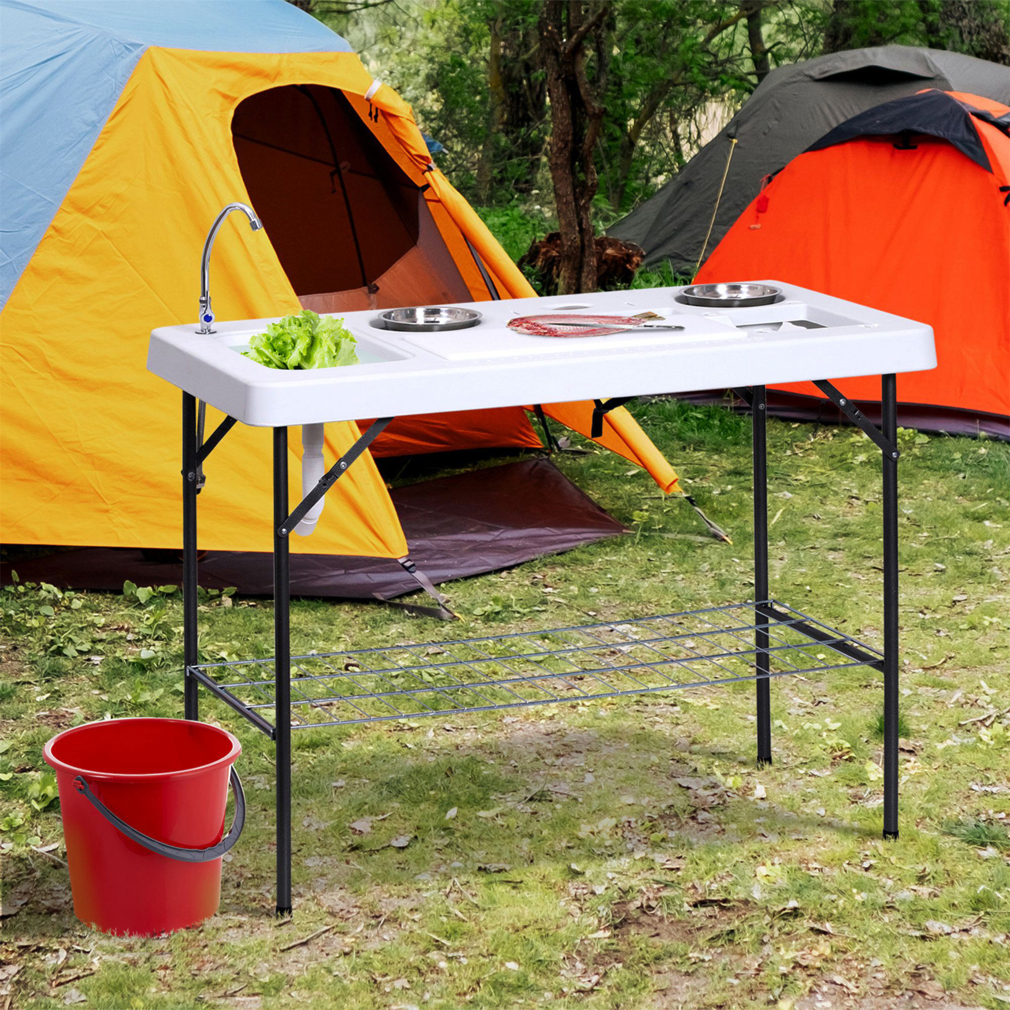 Arlmont & Co. Outsunny Folding Fish Cleaning Table With Sink, Portable ...