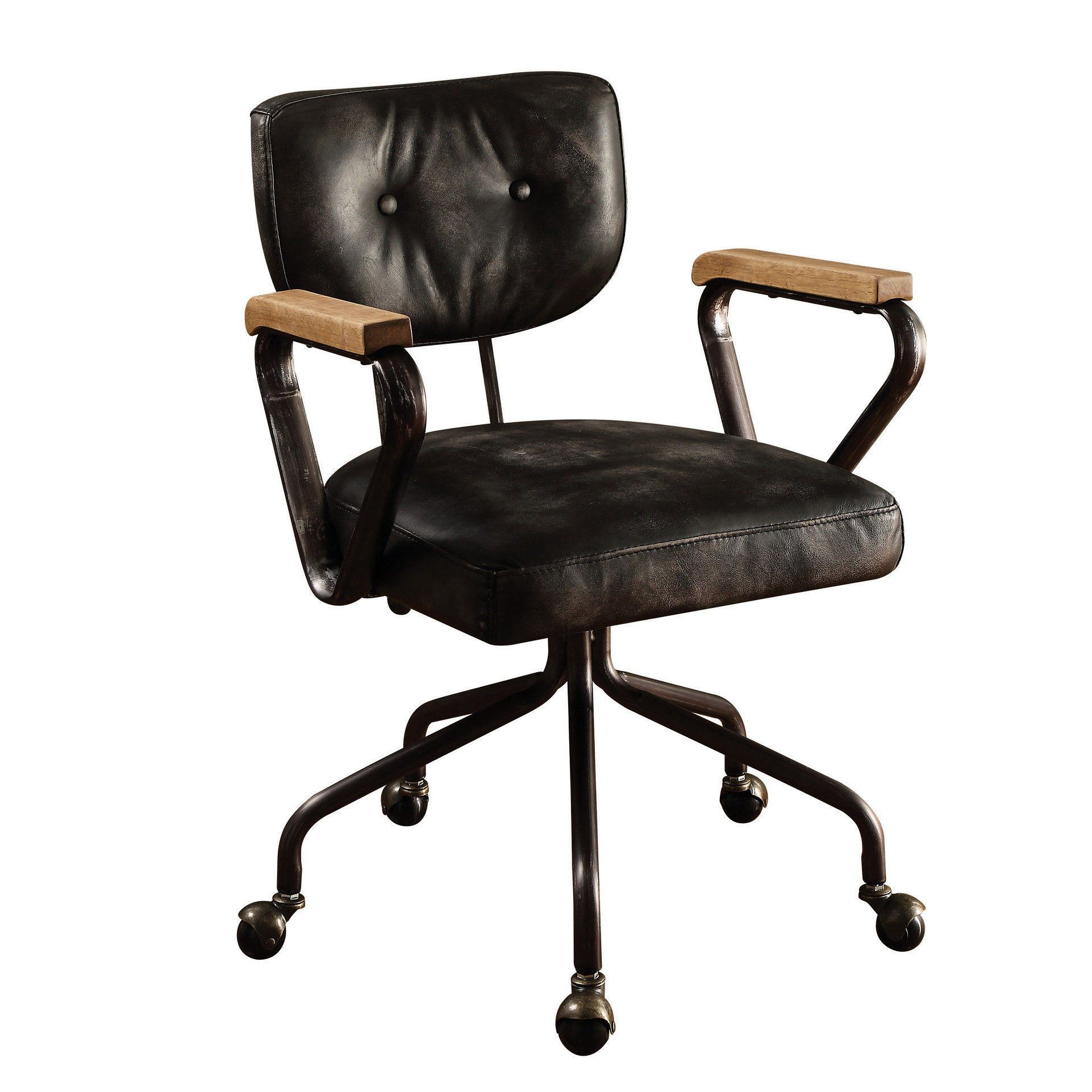 Inbox Zero Abel Vintage Black Leather Chair - Mid-Back Office With ...