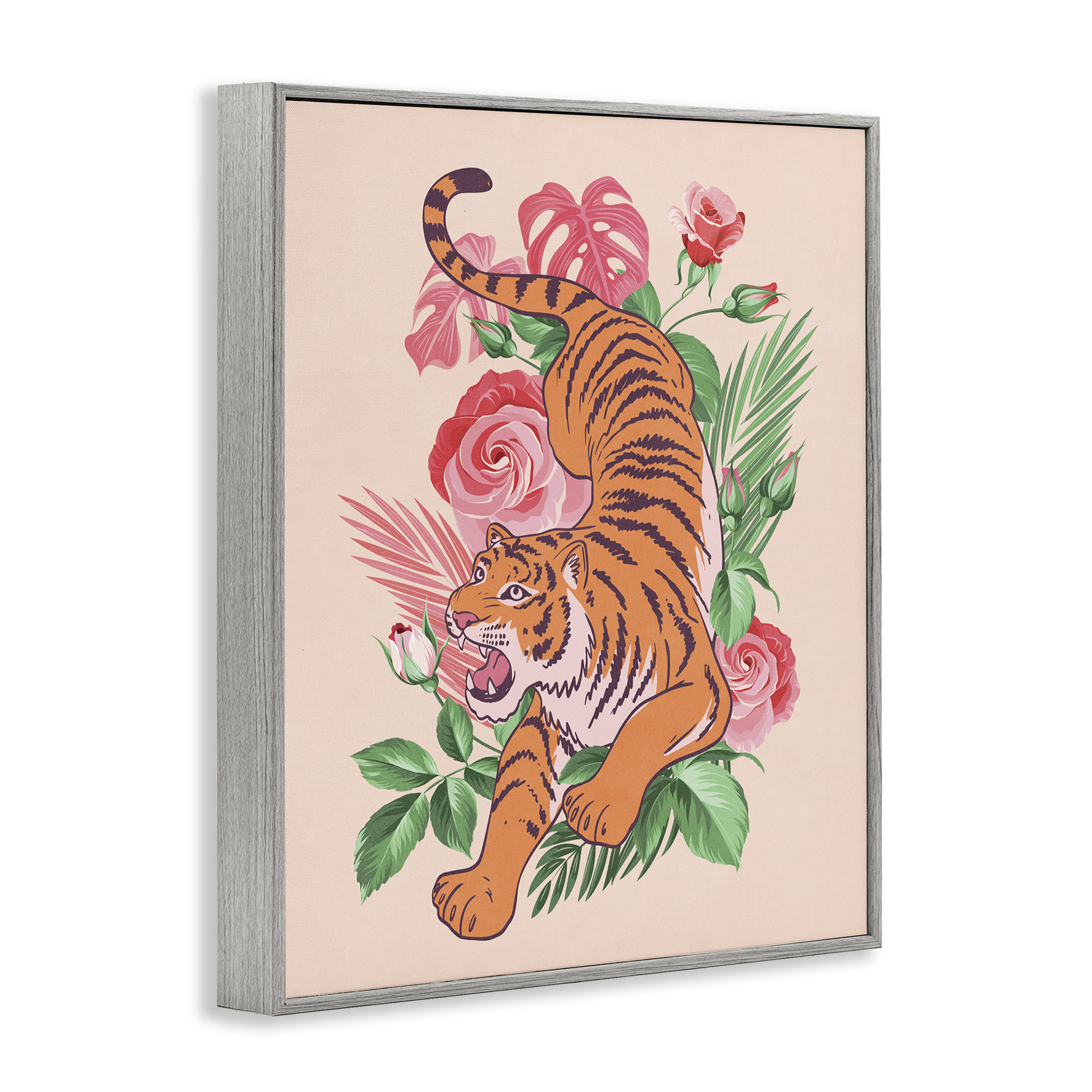 Stupell Industries Tiger & Tropical Roses Black Framed Giclee Art by ...