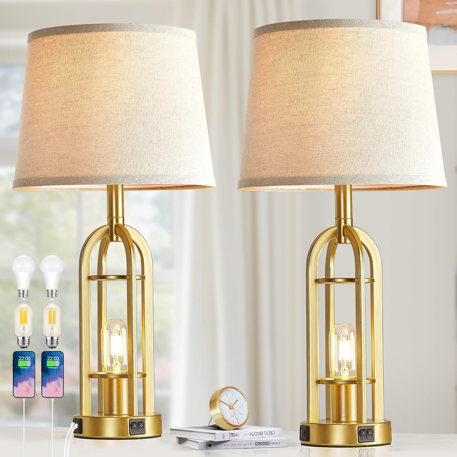 Mercer41 Set Of 2 Gold Farmhouse Table Lamps, 24-Inch Retro Bedside ...