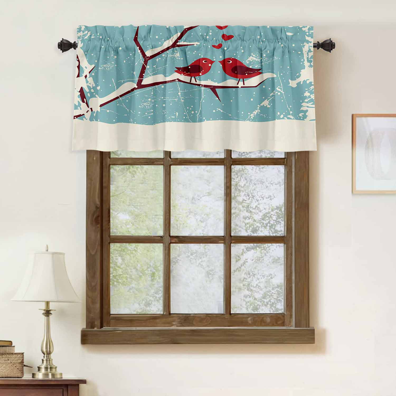 East Urban Home Red 52"W of Two Cute Birds Love Winter Time Scene ...