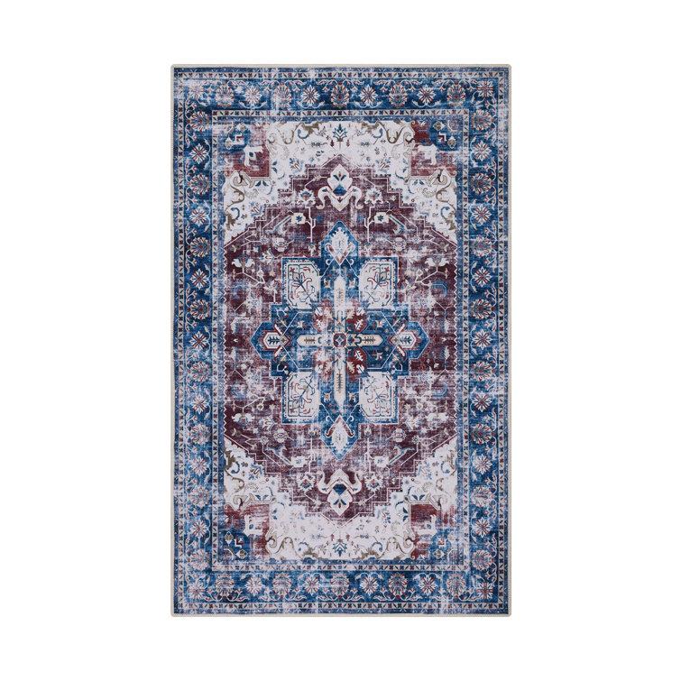 Bungalow Rose Machine Washable Burgundy/Blue Oriental Area Rug ...