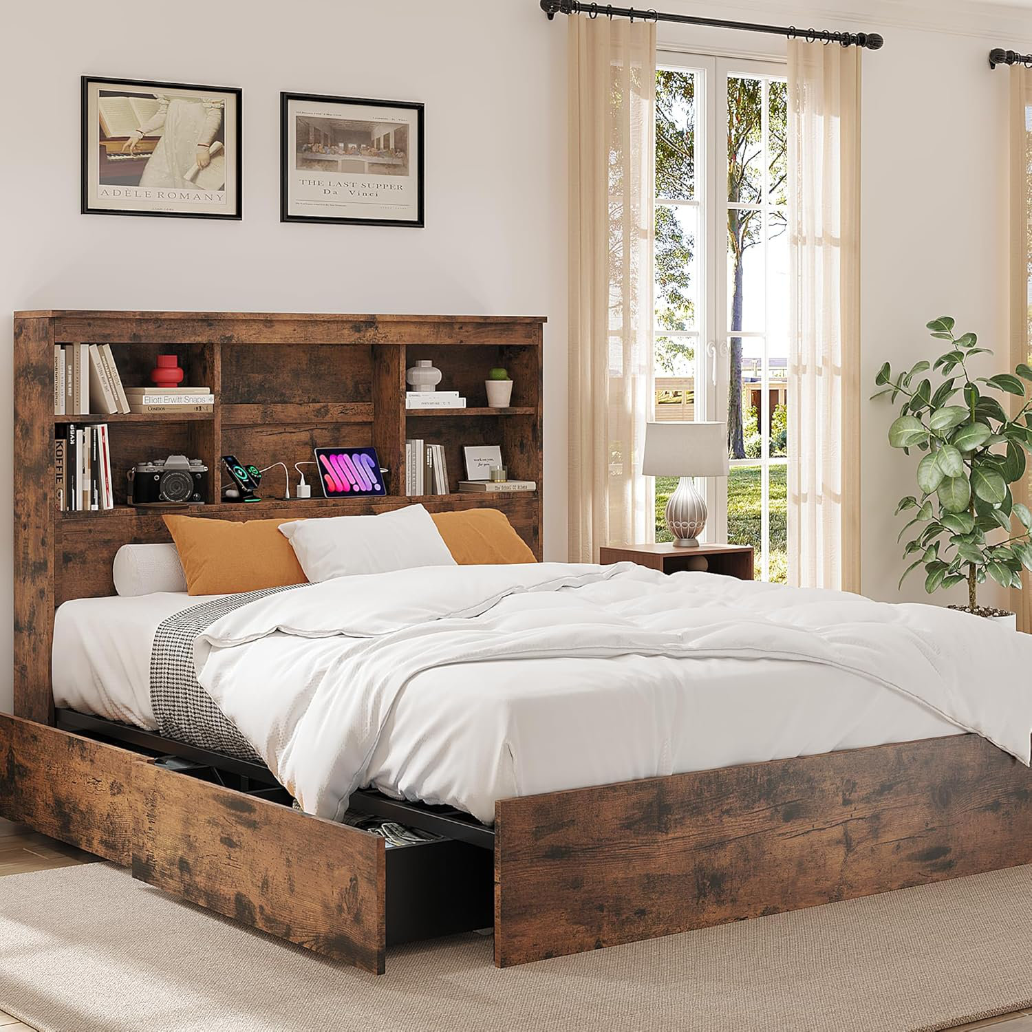 Alwyn Home King Bookcase Bed – 4 Drawers, Charging, Vintage Brown | Wayfair