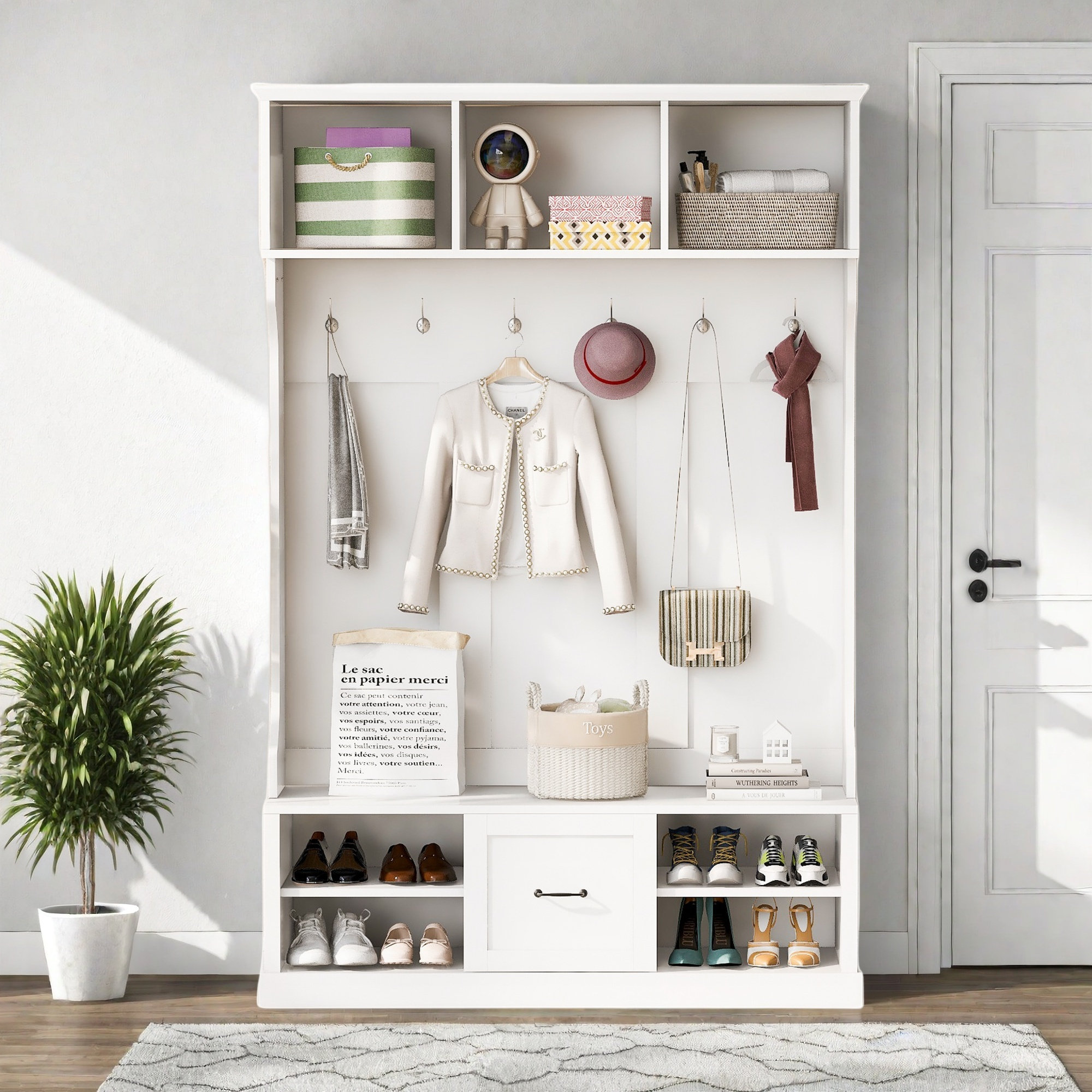 Red Barrel Studio® 3-in-1 Hall Tree With 6 Coat Hangers, Entryway Bench ...