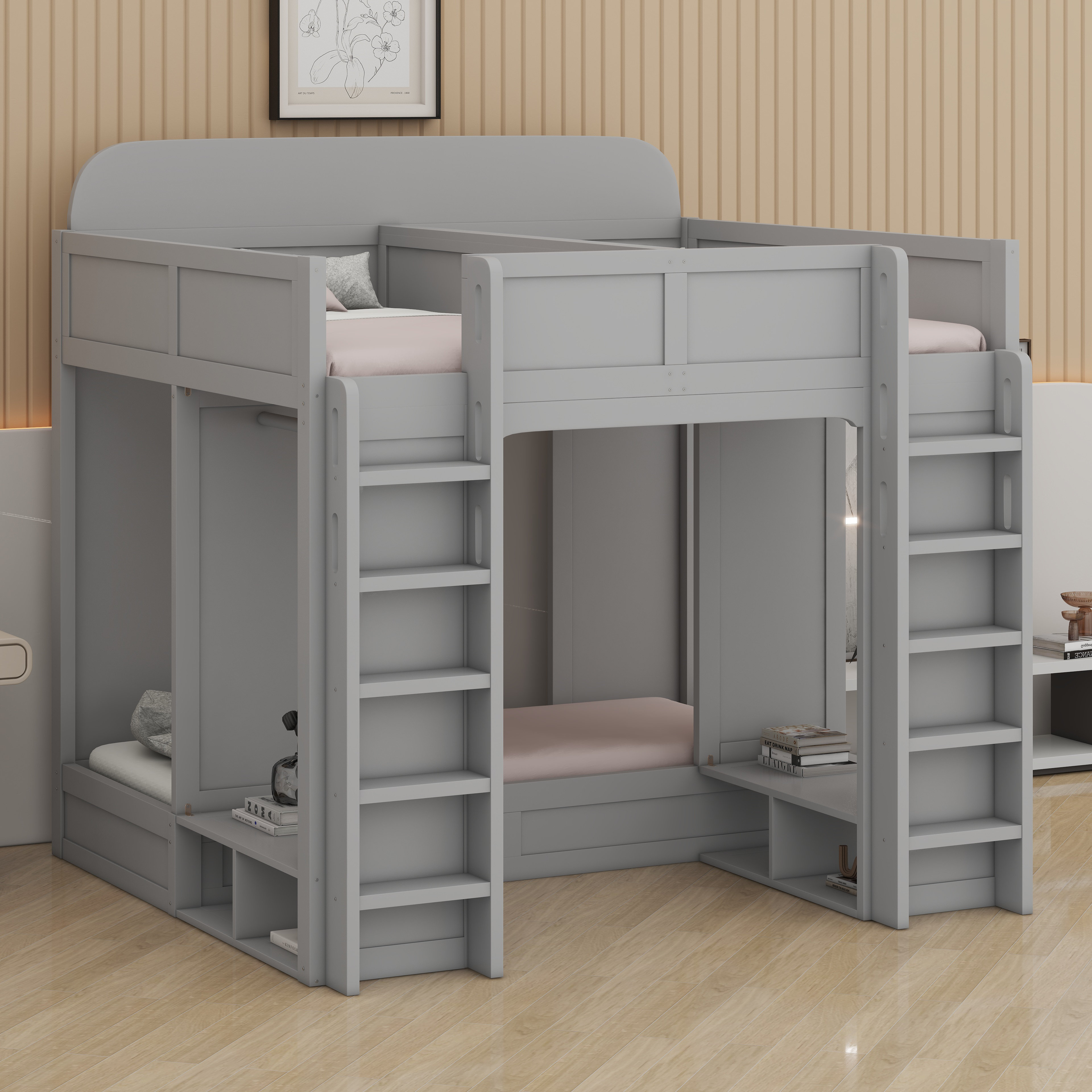 Harriet Bee Triple Bunk Bed With Storage Shelves And Hooks | Wayfair