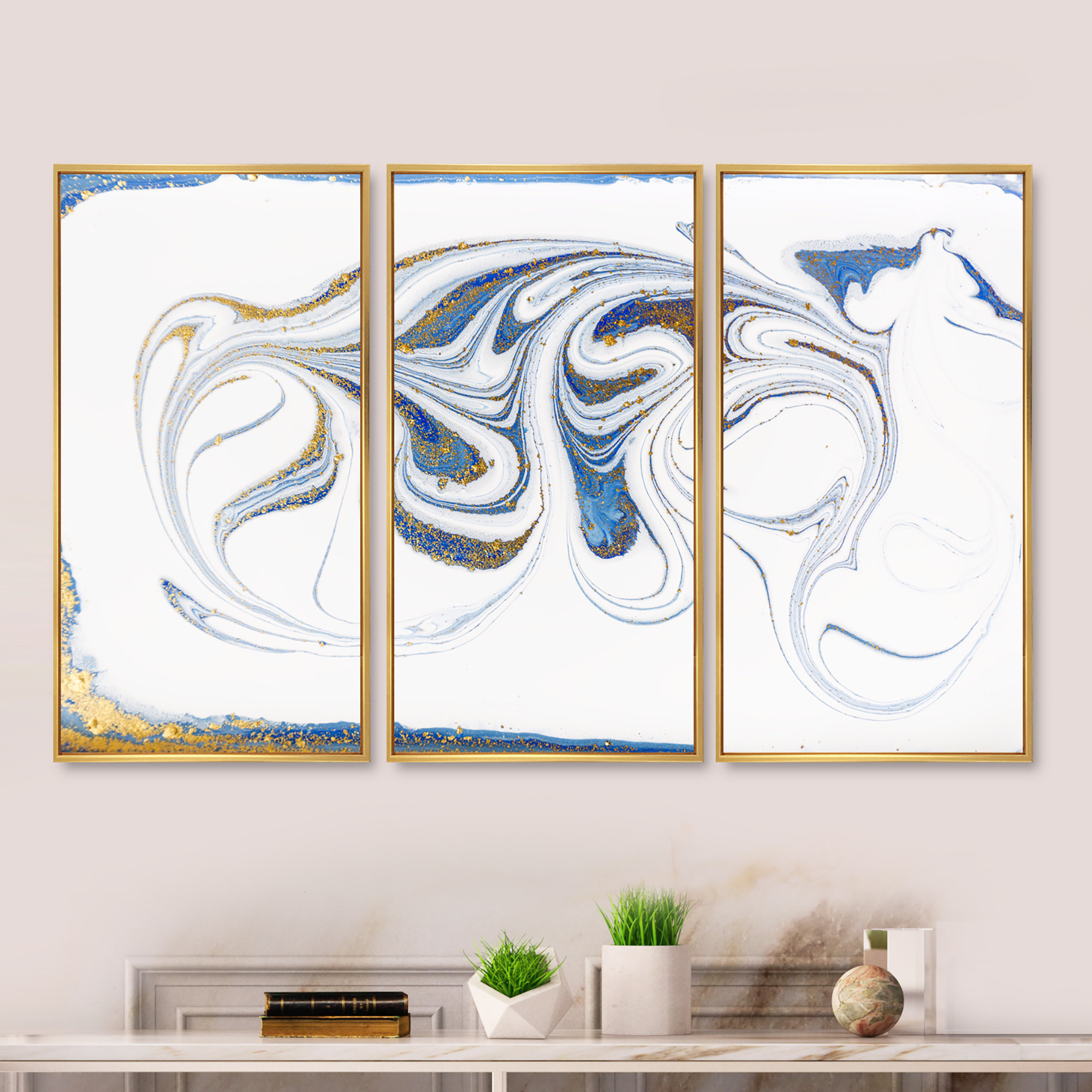 Mercer41 White Blue And Gold Marbling Rivers - Modern Framed Canvas ...