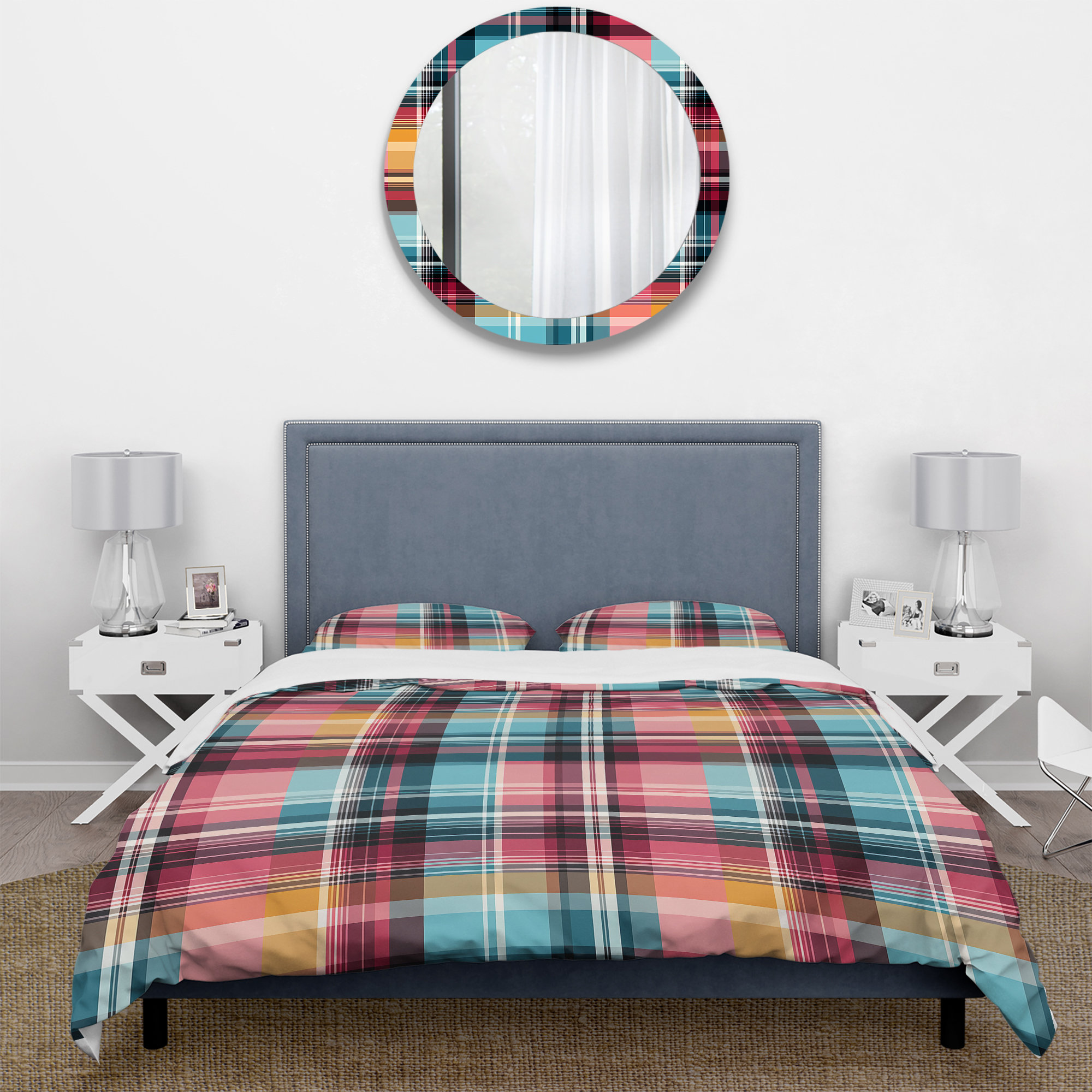 Design Art Bohemian Pink And Blue Plaid Pattern Duvet Cover Set | Wayfair