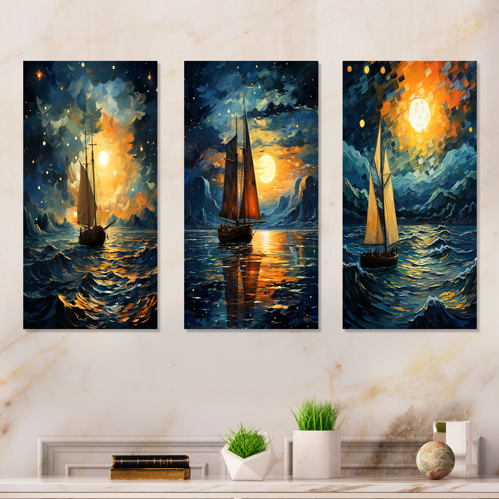 Design Art Moonlight Sailing Boat Horizon I - Boat Sailing Canvas ...