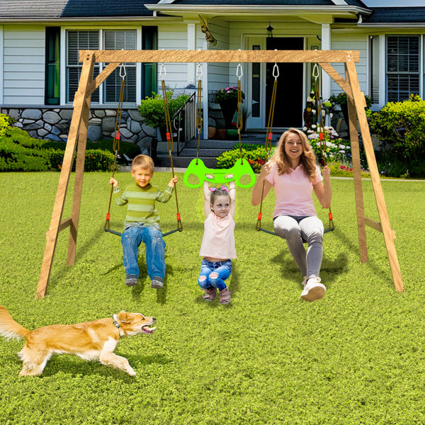 EROMMY Wooden Swing Sets For Backyard With 2 Belt Swings And Trapeze ...