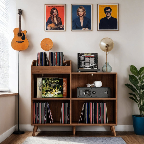 George Oliver Large Record Player Stand With Power Outlet, Vinyl Record ...