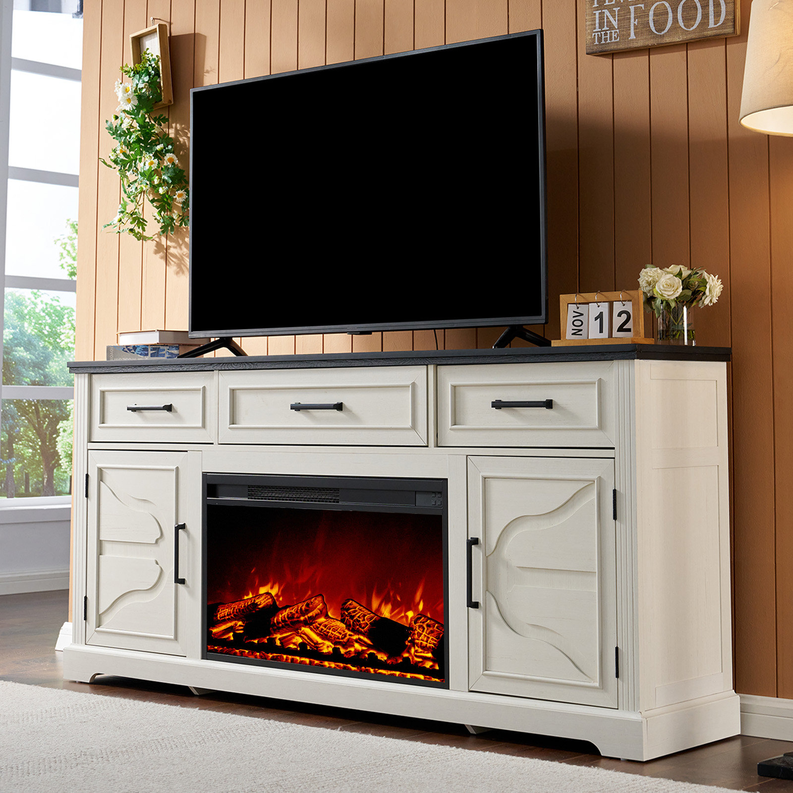 Gracie Oaks 70" Farmhouse Fireplace TV Stand with Storage Cabinet ...