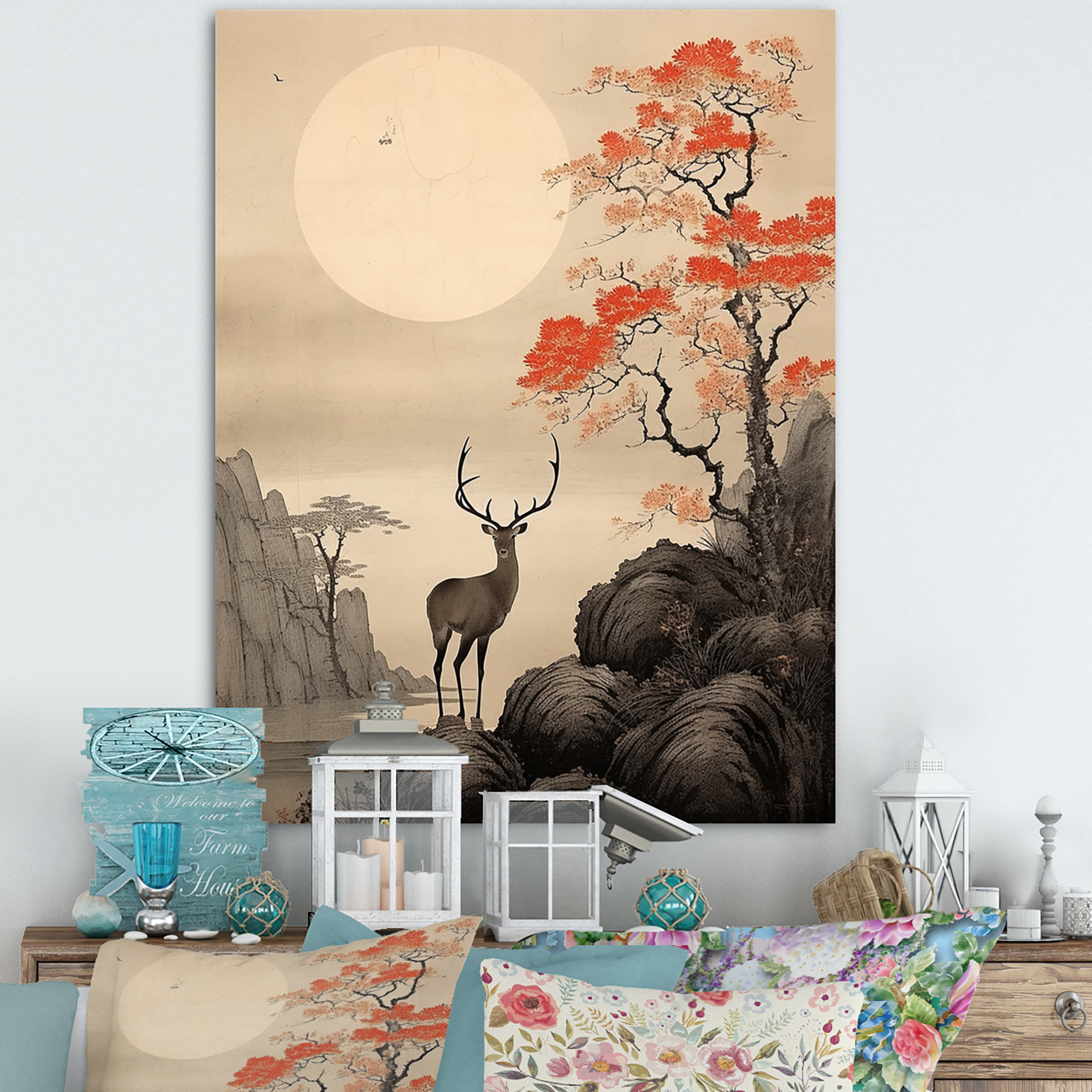 Loon Peak® Bustleton Asian Art Deer Sumi Framed On Canvas Print | Wayfair