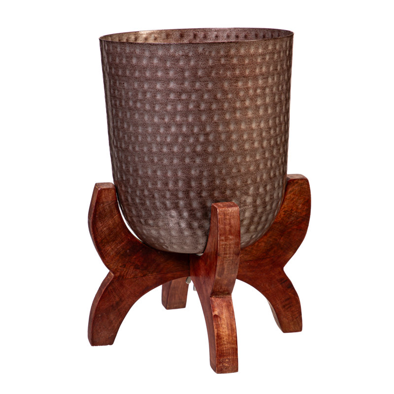 Lark Manor™ Embossed Metal Planter with Wood Stand, 9"H | Wayfair