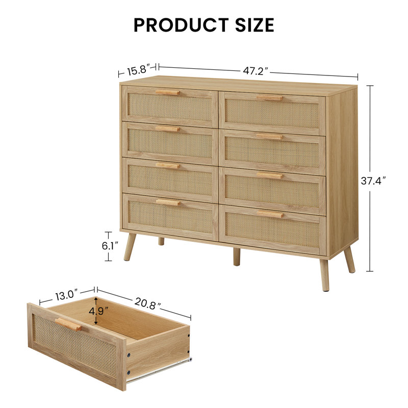 Bay Isle Home™ 8-Drawer Double Dresser with Rattan Drawers | Wayfair