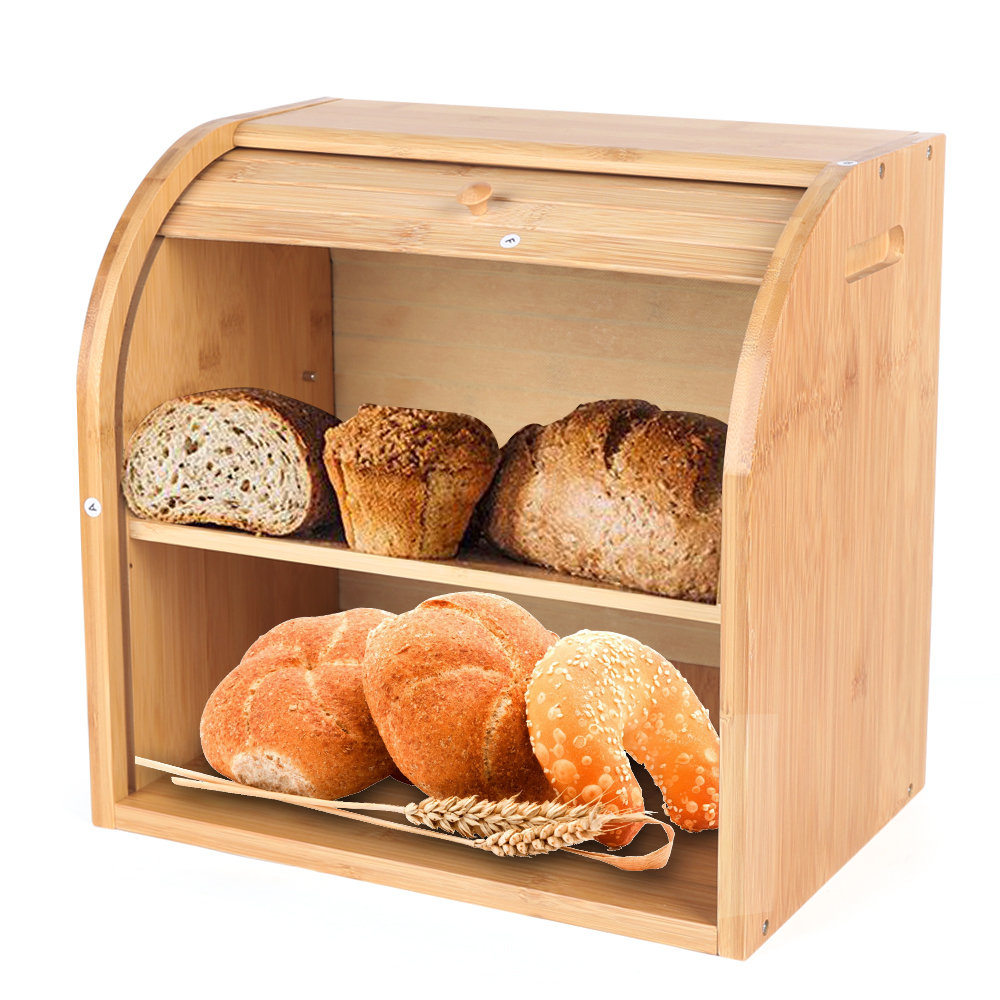 Latitude Run® Arazia 2-Layer Bread Box Bread Keeper Bamboo Wood With ...