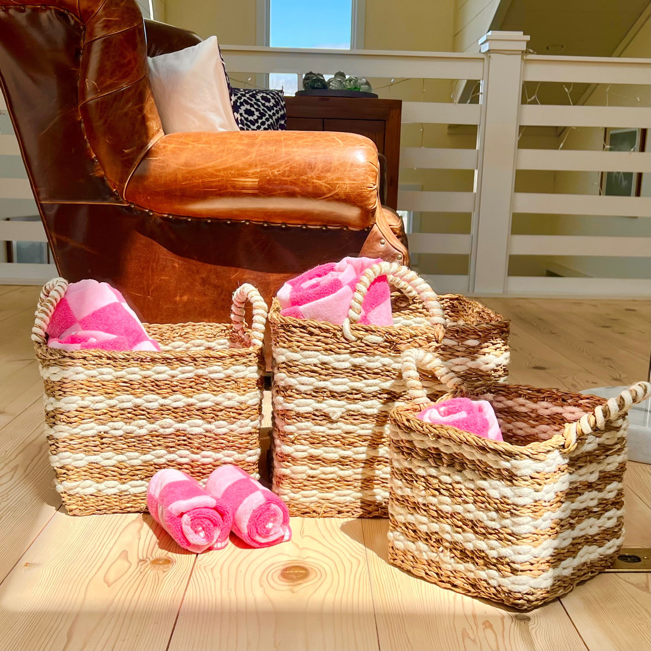 Rosecliff Heights White And Beige Striped Wicker Baskets | Wayfair