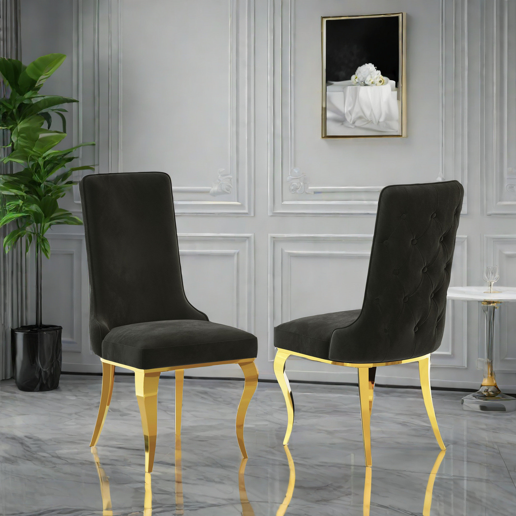 Rosdorf Park Velvet Upholstered Dining Room Chairs in Buttons Tufted ...