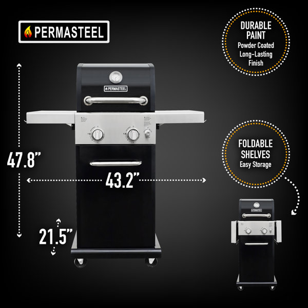 Permasteel 2-Burner Compact Propane Gas Grill with Foldable Side Tables ...