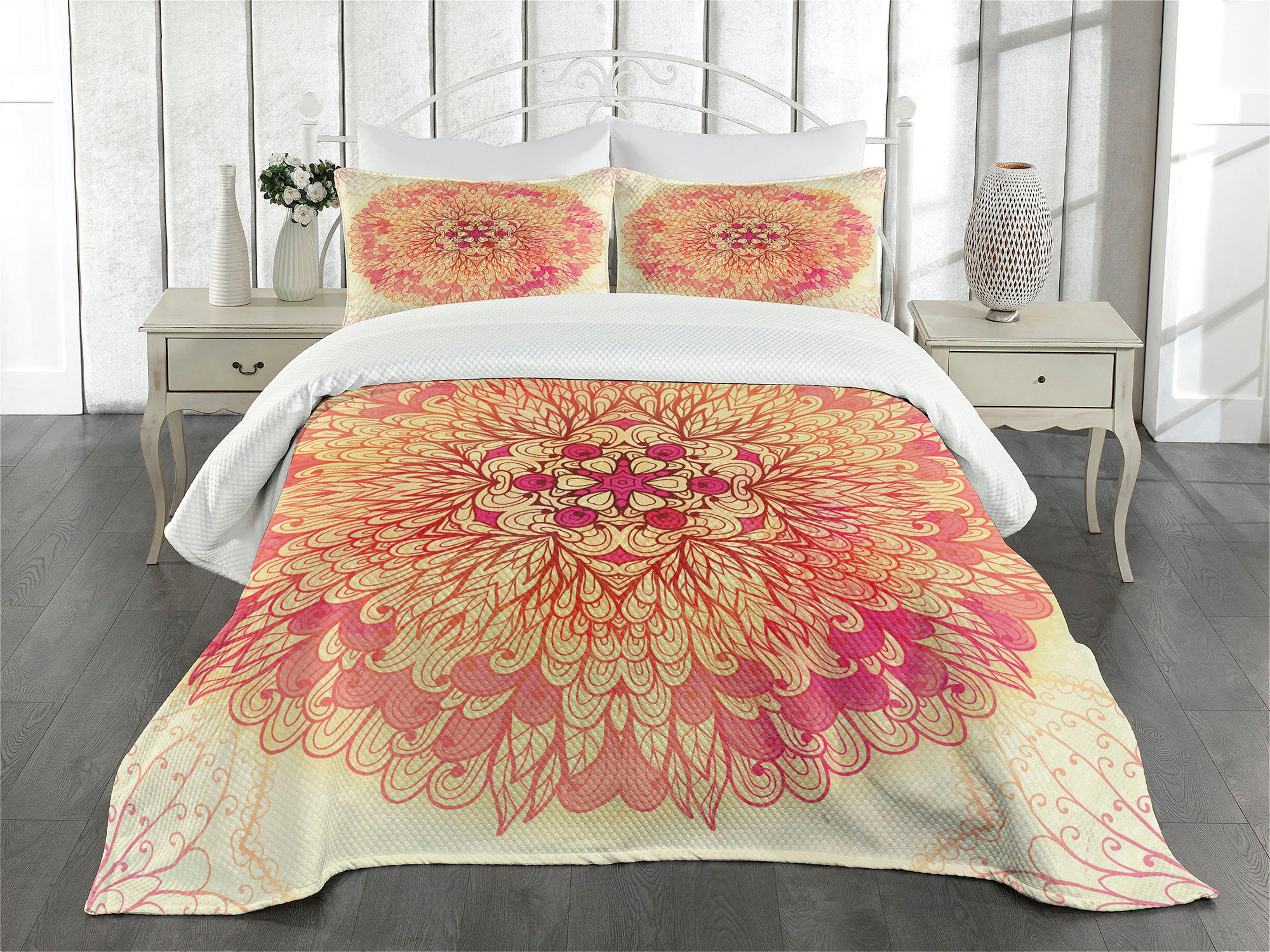 Ambesonne Mandala Bedspread Fantasy Flower Lively Art Yellow Coral Pink ...