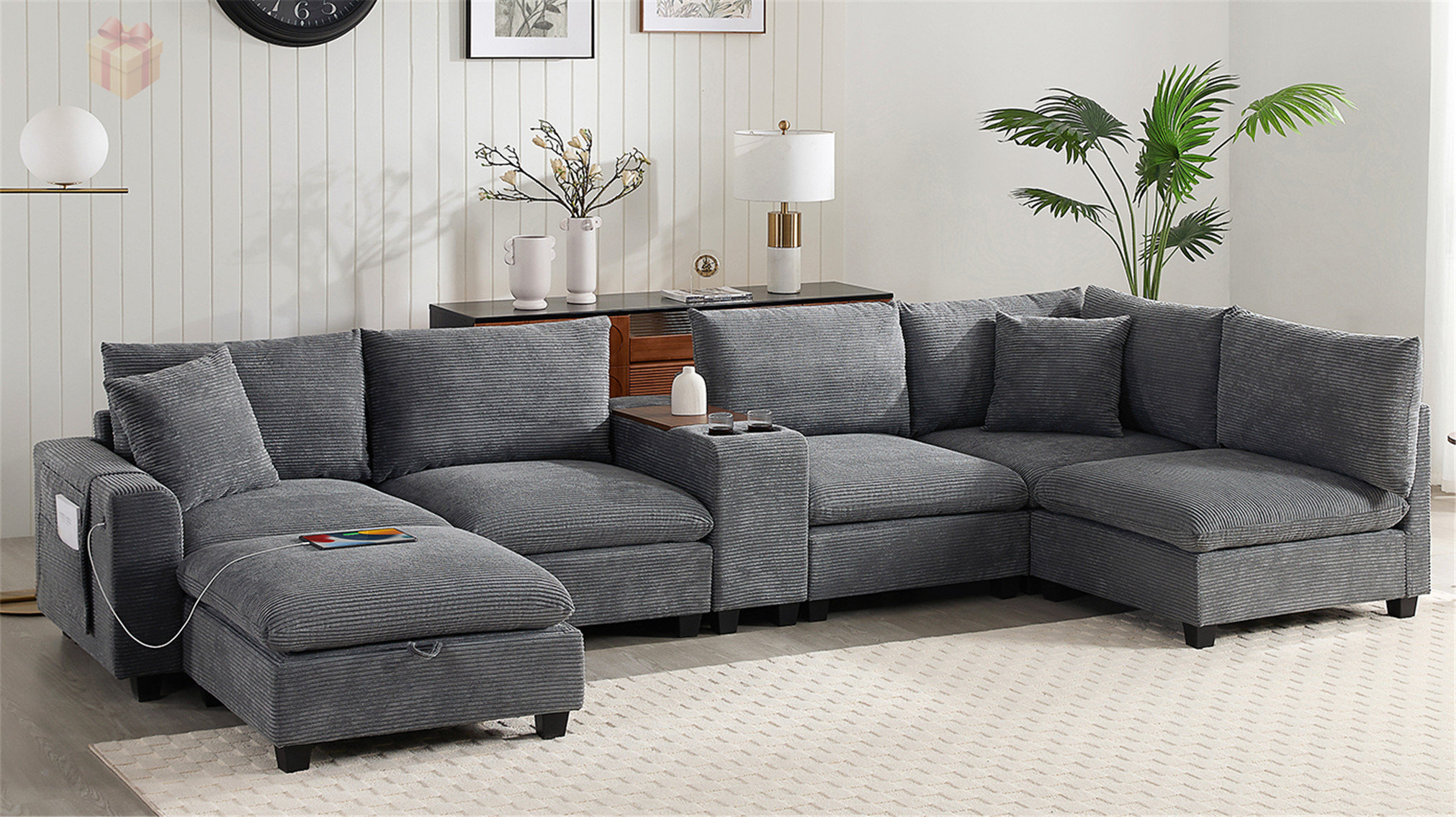 Latitude Run® Modular Sectional Sofa with Movable Ottoman, USB Charging ...