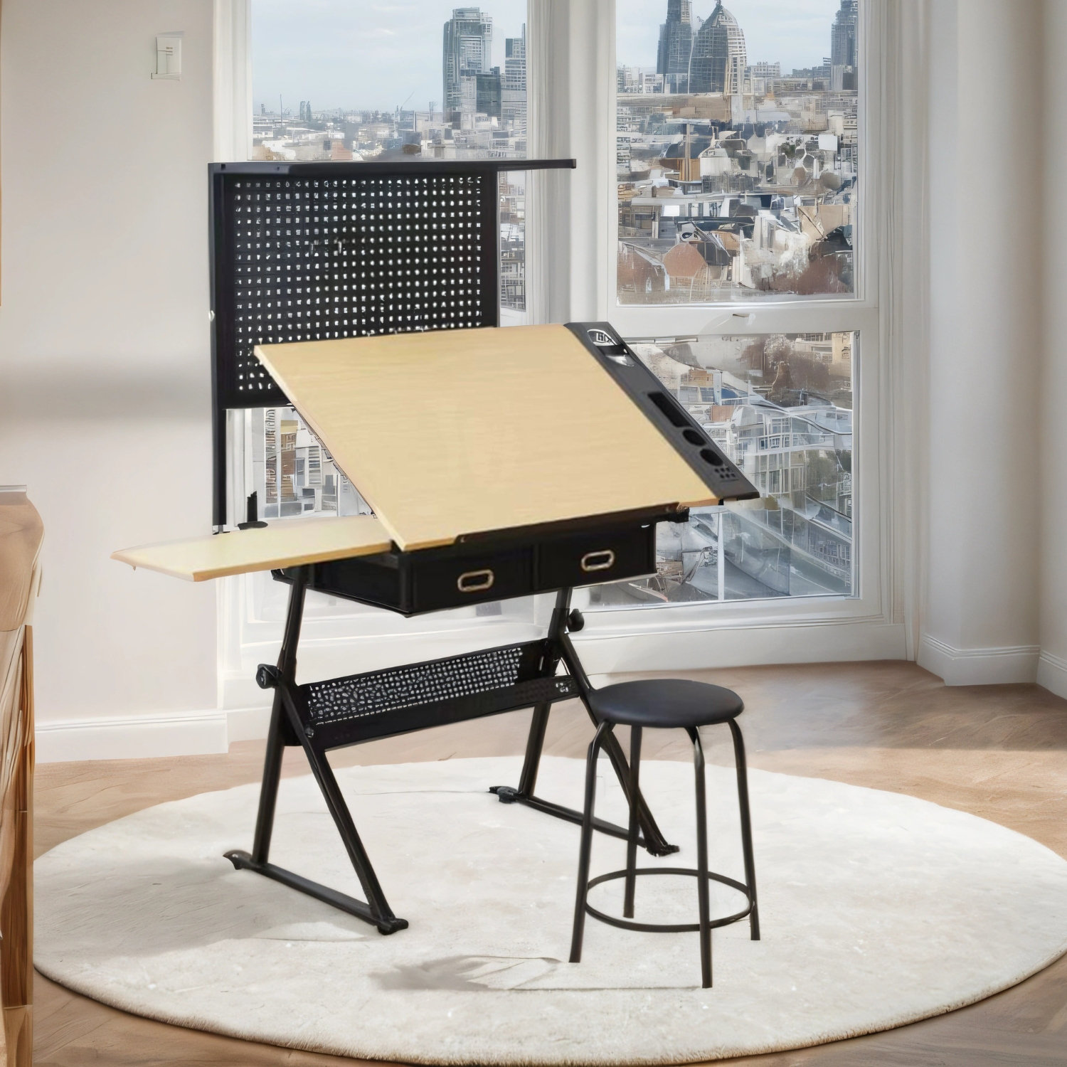 17 Stories Adjustable Drafting Table With Metal Perforated Panel, Black ...