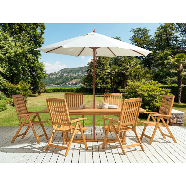 Lark Manor 6 Seater Acacia Wood Garden Dining Set Cain with Parasol (12 ...