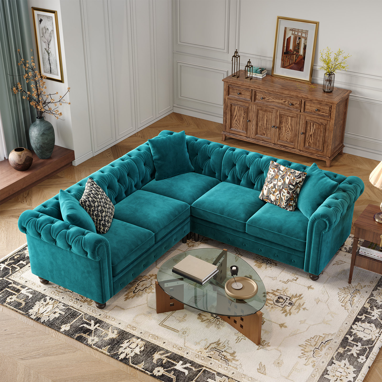 House of Hampton® Chesterfield L Shaped Sofa, Velvet Couch With Rolled ...