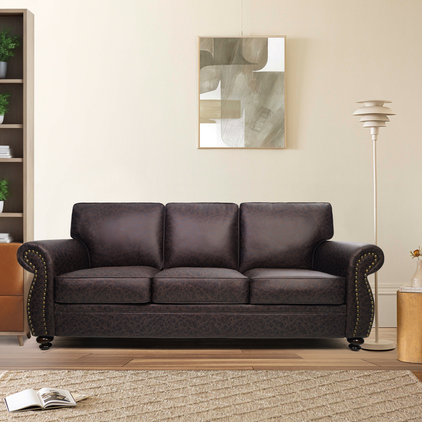 Charlton Home 88" Wide Faux Leather Rolled Arm Sofa Nailhead Trim ...