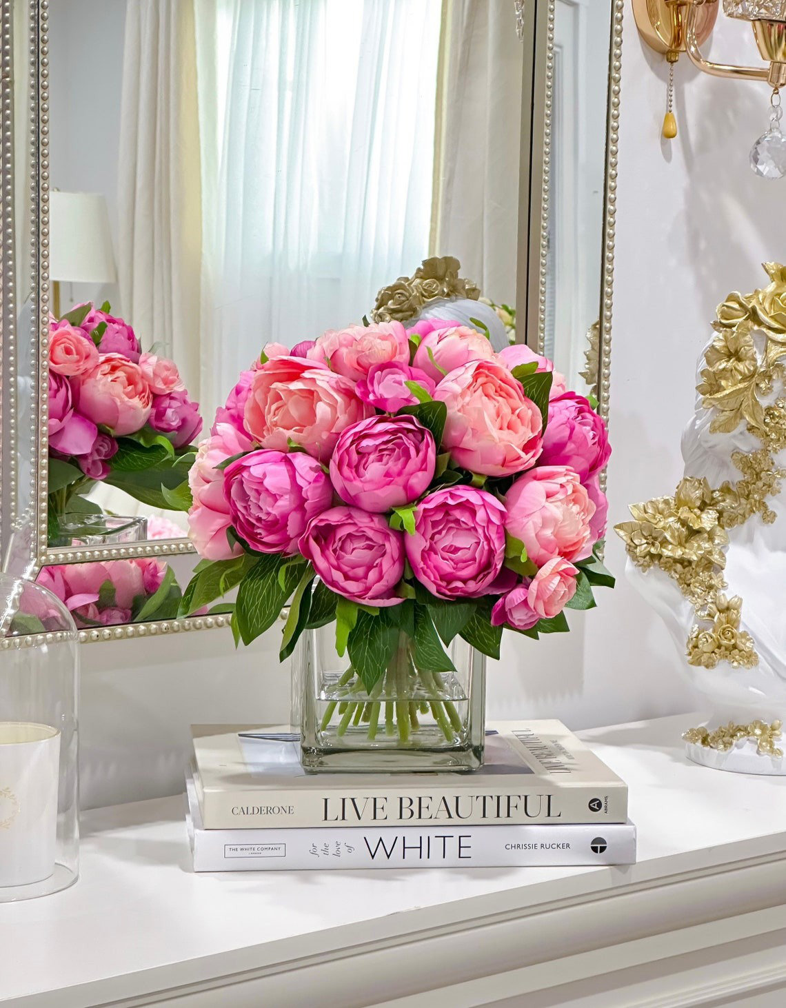 Flovery Fuchsia Pink Modern Fuchsia Peonies In Glass Vase – Luxury Faux ...