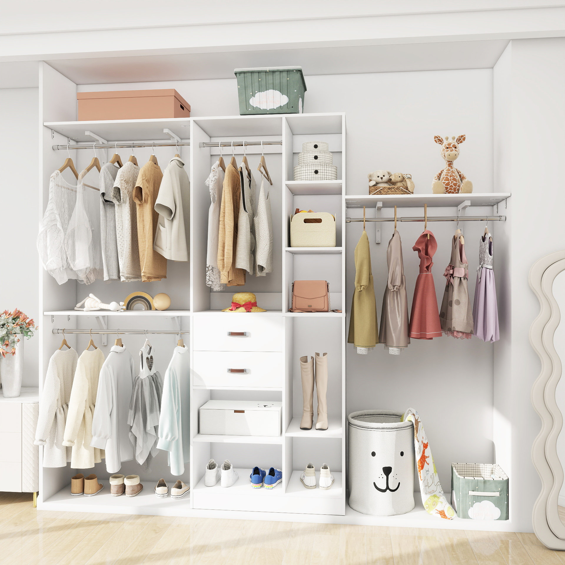 Rebrilliant Rhandy 96" Closet System With Wooden Drawers & 12 Shelves ...