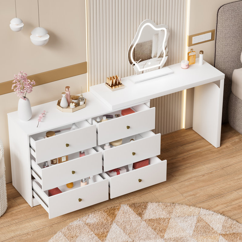 Latitude Run® Latarius Vanity Desk with Lighted Mirror, Extendable ...