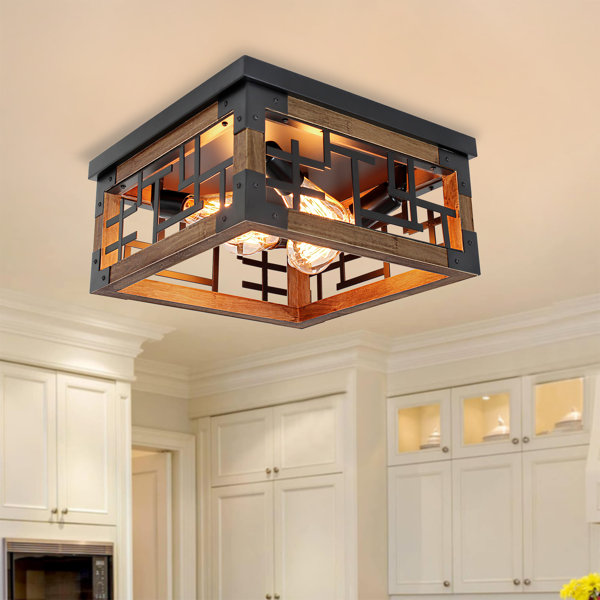 Gracie Oaks Lorang 4-light Metal Wood Frame Caged Unique Flush Mount ...
