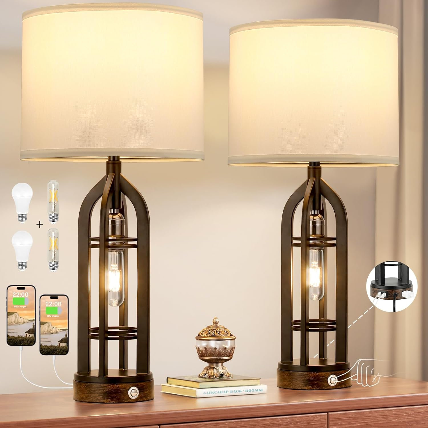 17 Stories White Farmhouse Lamps for Night Stands with USB C+A, 3 Way ...
