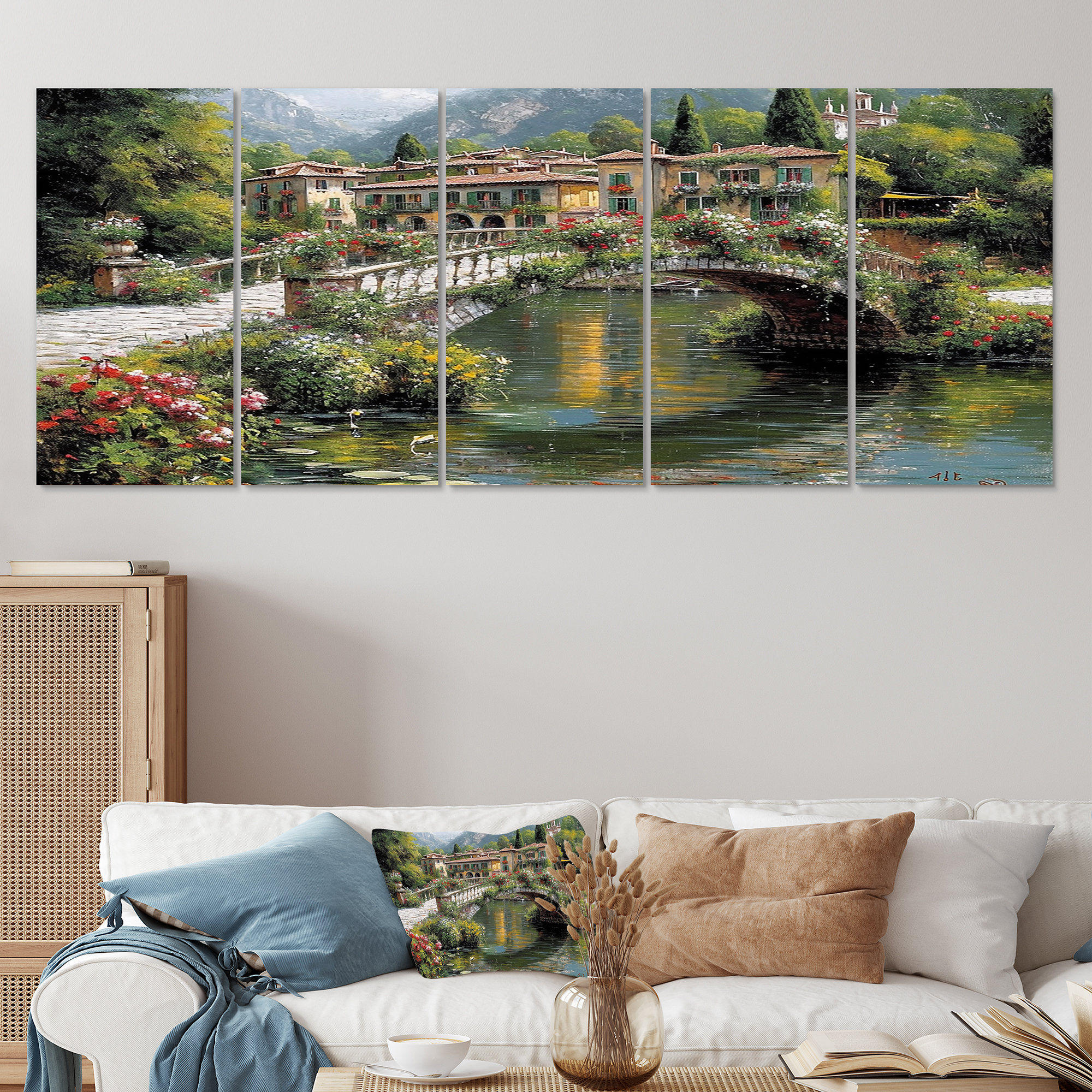 Lark Manor™ Poetic Flower Bridge Over Calm Town River - Bridges Wall ...