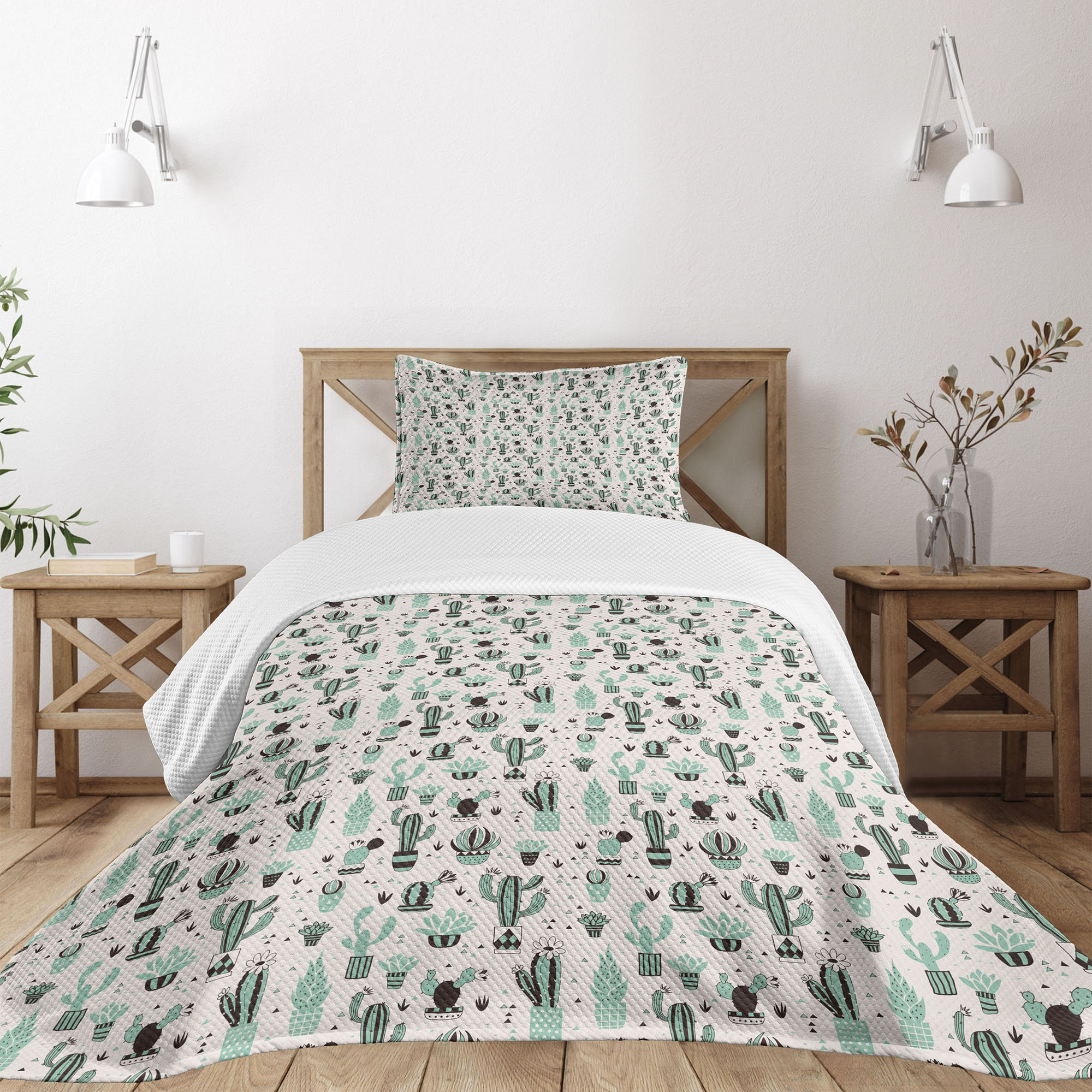 Ambesonne Cactus Bedspread Set Geometric Cartoon Plant Mint Black Beige ...