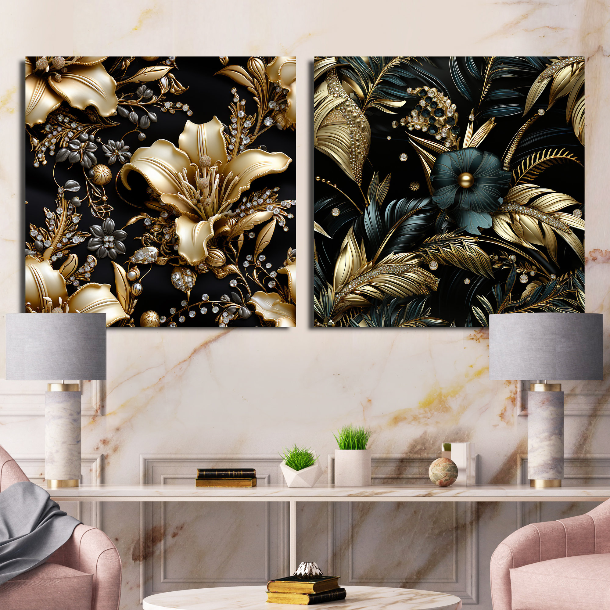 Design Art Hollywood Opulent Charm Gold And Black - Abstract Botanicals ...