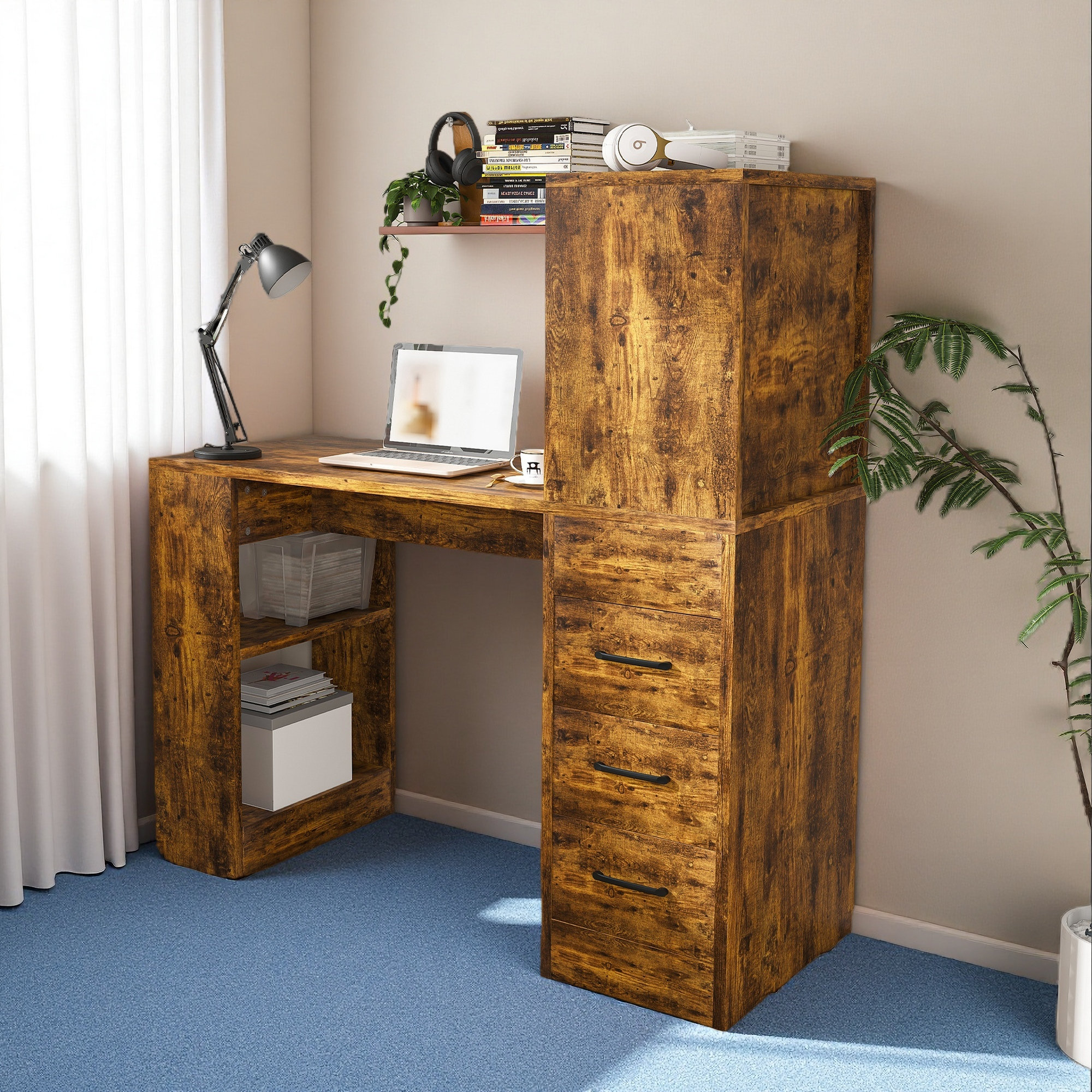 PhoebeHoliday Computer Desk With 4-In-1 Socket & 3 Drawers, 4-Tier ...