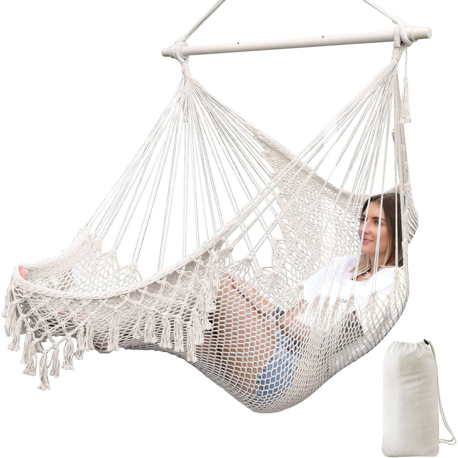 Dakota Fields Hammock Chair Super Large Hanging Chair Soft-Spun Cotton Rope Weaving Chair ...