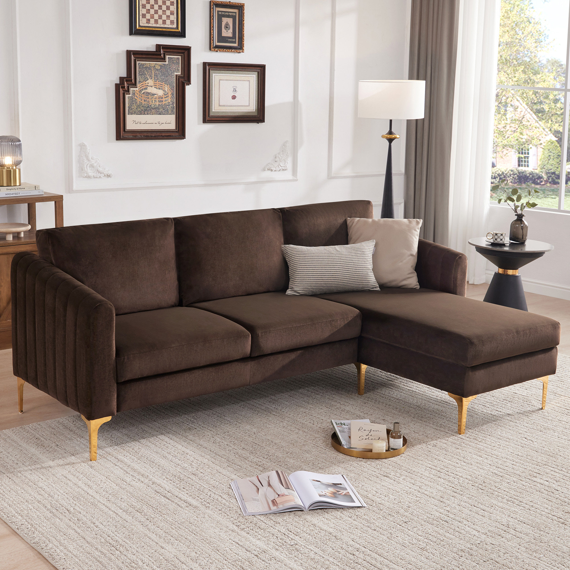 Mercer41 84'' L Shaped Velvet Sofa With Chaise Metal Legs | Wayfair