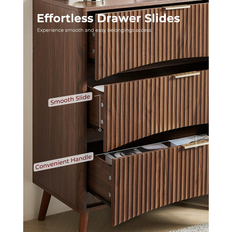 Millwood Pines 3 Drawer Fluted Dresser, Walnut Wood Curved Dresser With ...