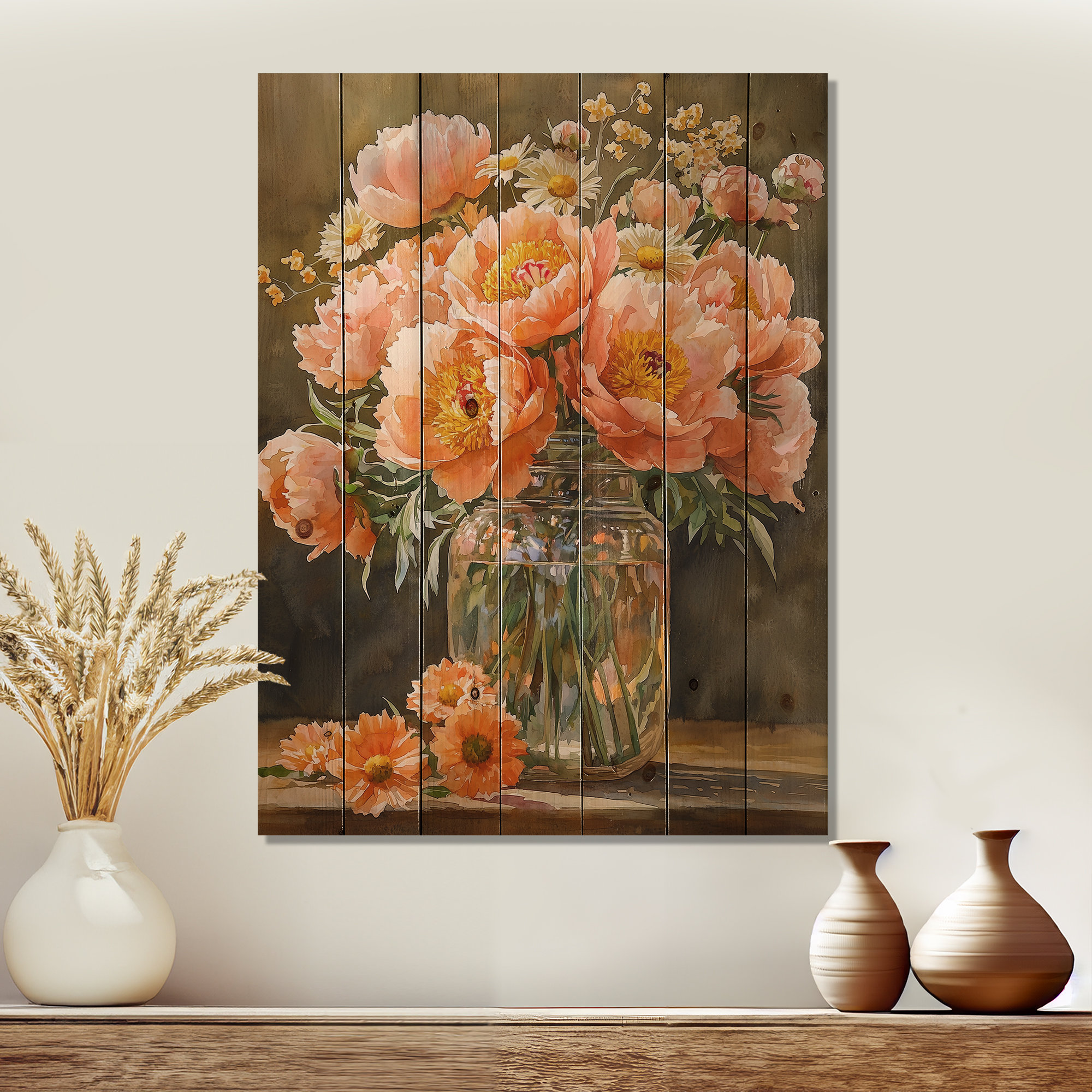 Ophelia & Co. Golden Hour Peony Bouquet At The Farm III - Peonies Wood Wall Art - On Natural ...