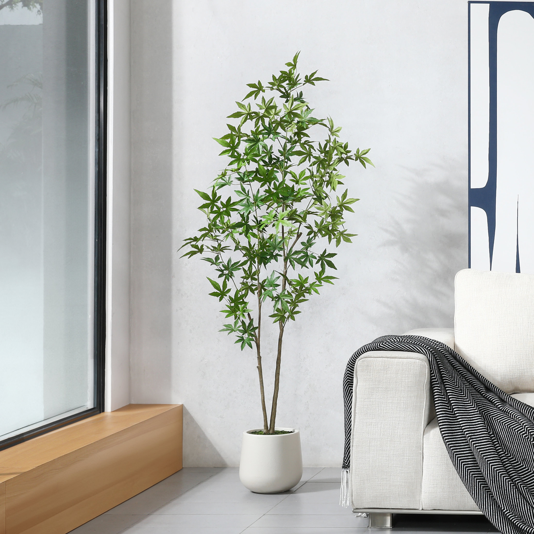 Primrue Adcock Artificial Maple Tree with Round White Planter, Pre ...