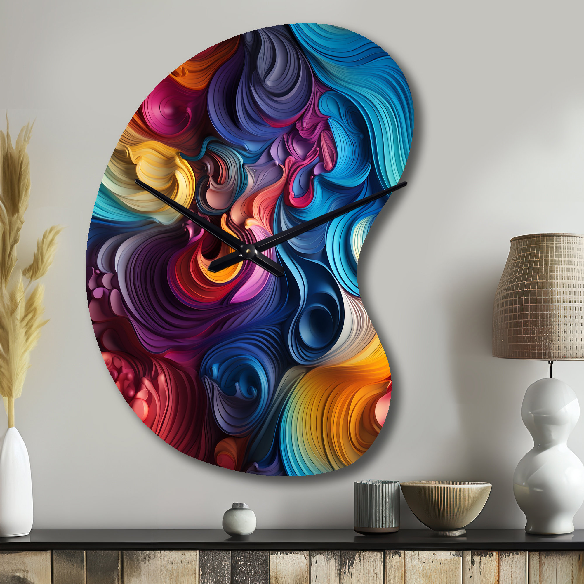 Design Art Popart Psychedelic Swirls - Abstract Unique Shape Metal Wall Clock, Modern ...